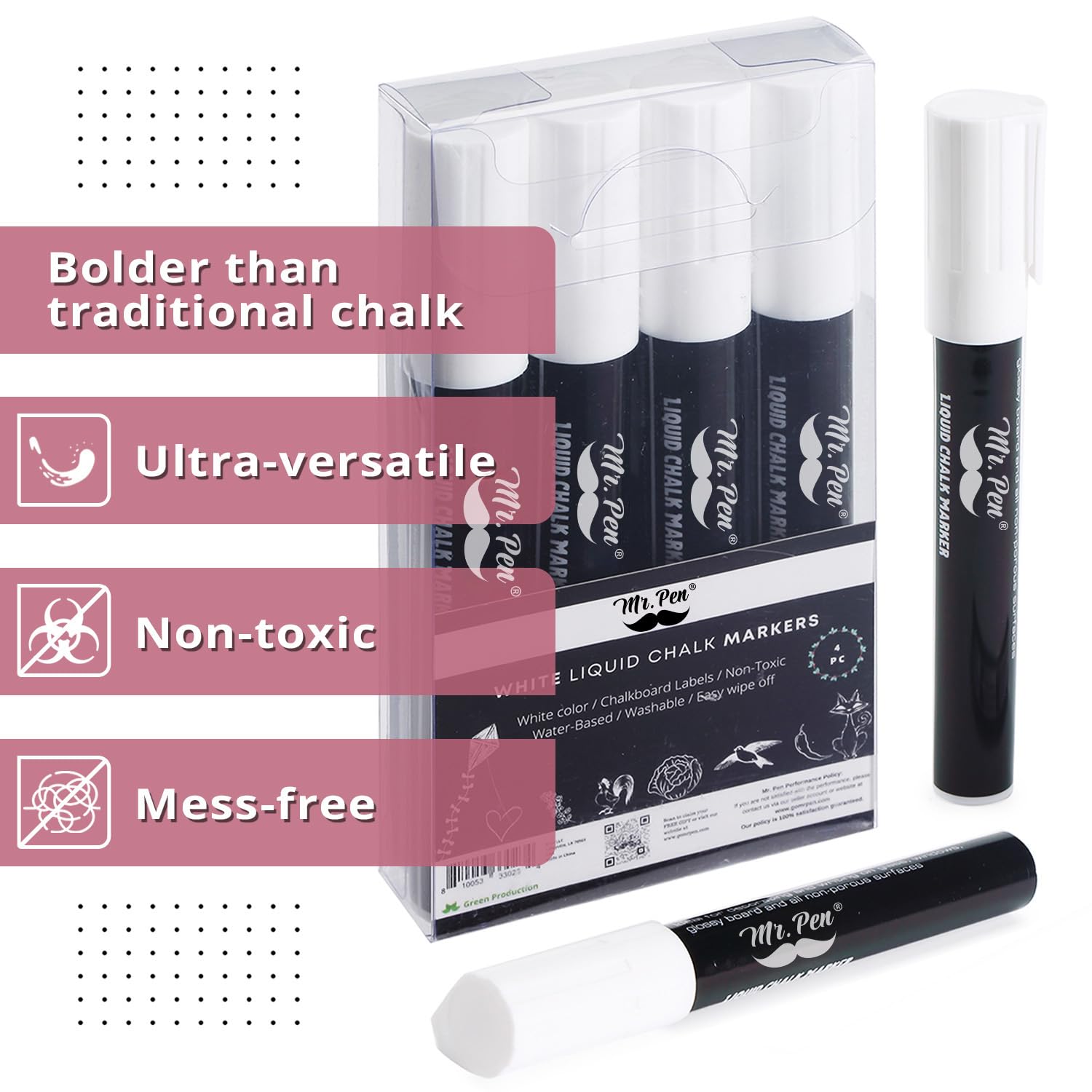 Mr. Pen- White Chalk Markers, 4 Pack, Dual Tip, 8 labels, White Liquid Chalk Marker, Chalk Markers, White Dry Erase Markers, Chalk Markers for Blackboard, Chalkboard pen, White Chalkboard Marker