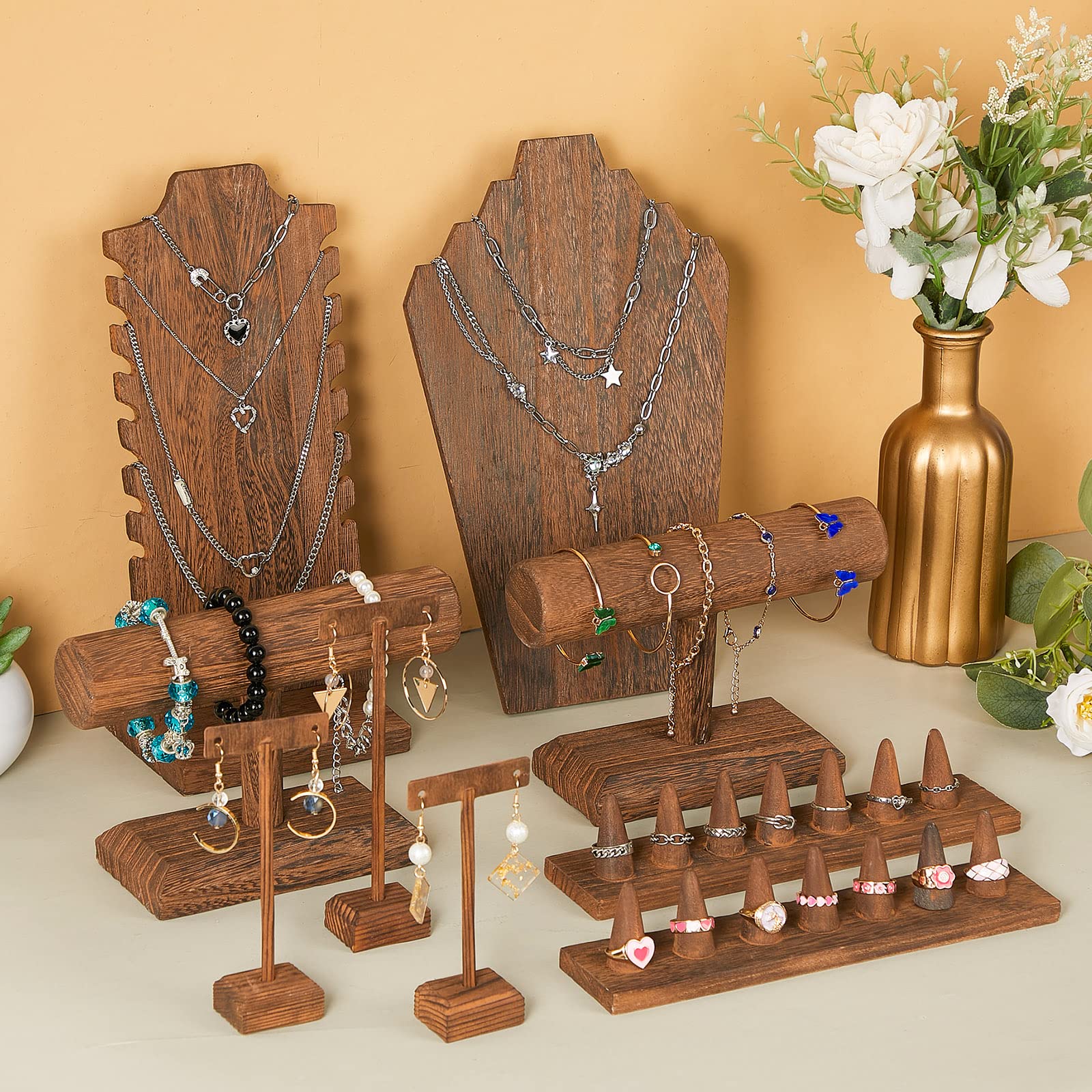 Jerify 13 Pcs Jewelry Displays Holder Set Wooden T Shape Necklace Bracelet Finger Ring Earring Display Stand for Home Jewelry Organizer Store Showcase Selling