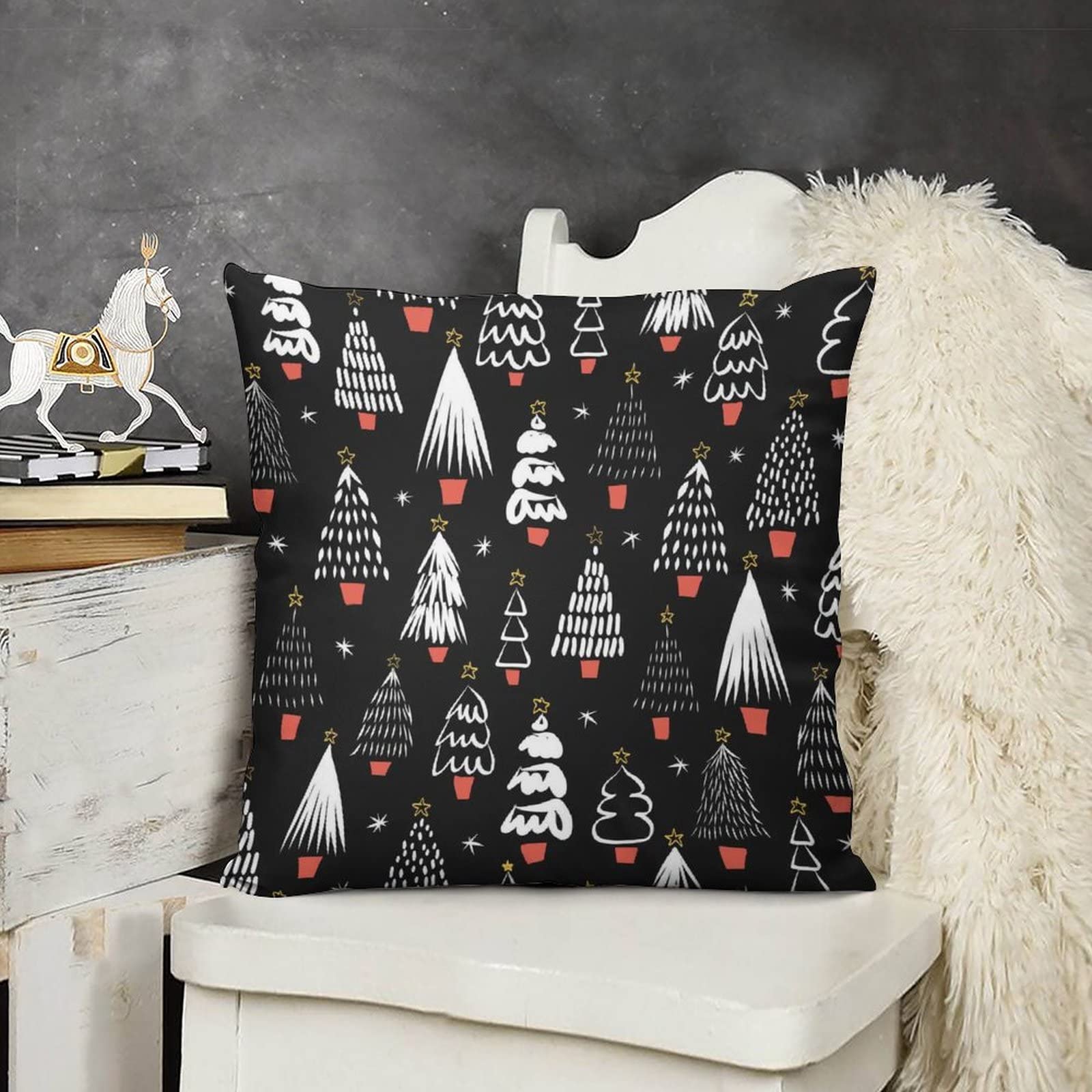 Meaudiwes Throw Pillow Cover Christmas Decorations Trees Black and White Home Decor, 24 x 24 Inches Soft Short Plush Cushion Pillowcases for Sofa Couch Bed Chair