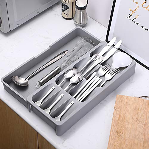 CEGAR Expandable Drawer Organizer, Premium Cutlery and Utensil Tray, Plastic Adjustable Kitchen Drawer Divider for Silverware Knife (grey)
