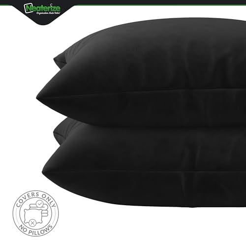 NEATERIZE Premium Velvet Pillow Covers 18x18 Black - Washable Decorative Fabric Throw Pillow Covers for Couch or Bed - Set of 2