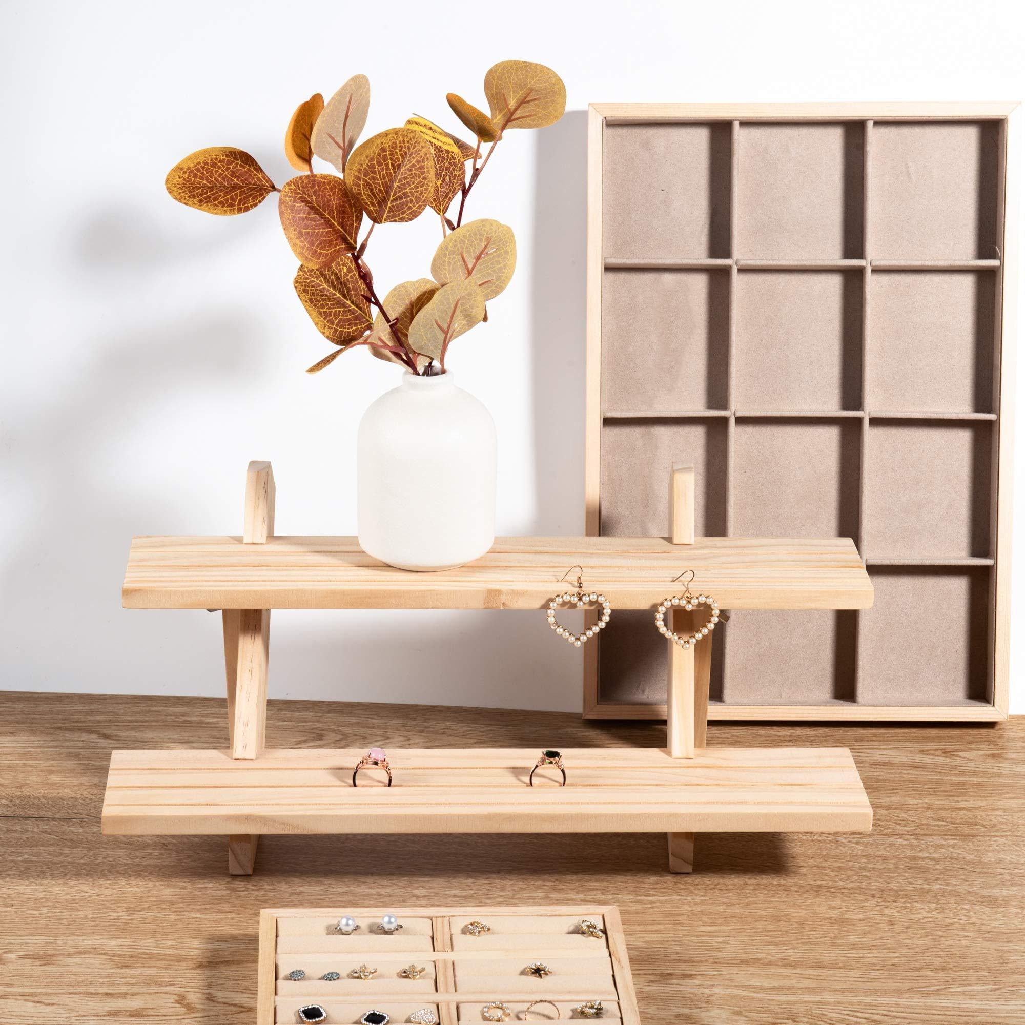 Eiyye 2-Tier Wooden Display Stand, Ring Earring Large Capacity Jewelry Display Stand,Wood Cupcake Stands Display Stand Craft Showing Organizer Tray For Retail Display Vendors Wood Riser(Natural)