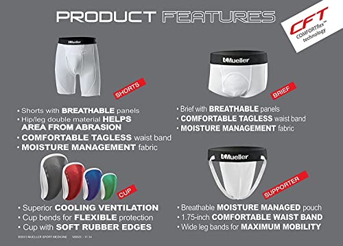 MUELLER Sports Medicine Men's Athletic Supporter with Flex Shield Cup, Adult Jockstrap for Sports, White Underwear/Gray Cup, Large