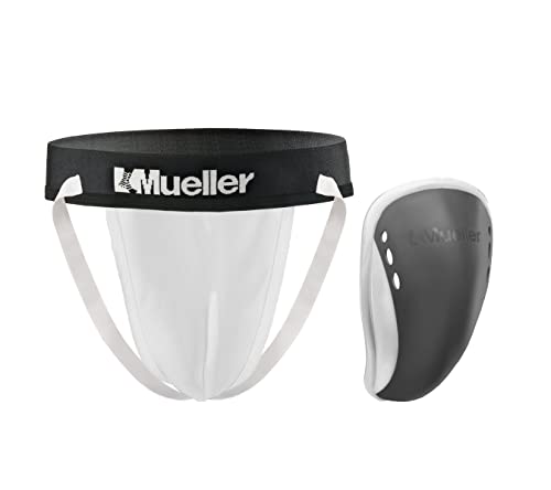 MUELLER Sports Medicine Men's Athletic Supporter with Flex Shield Cup, Adult Jockstrap for Sports, White Underwear/Gray Cup, Large