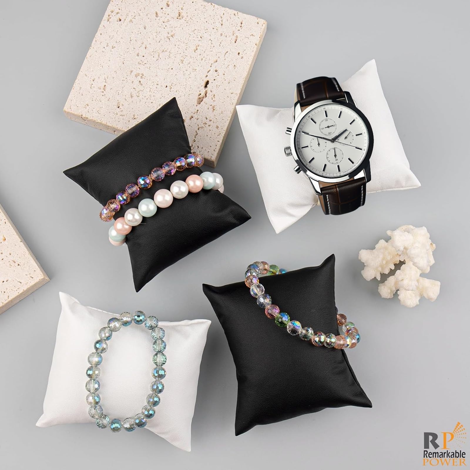 RP Remarkable Power, 10 Pack Black White Pu Leather Watch Pillows Jewelry Display Pillow Bracelet Cushion Bangle Display Pillows for Jewelry Display Gift Box