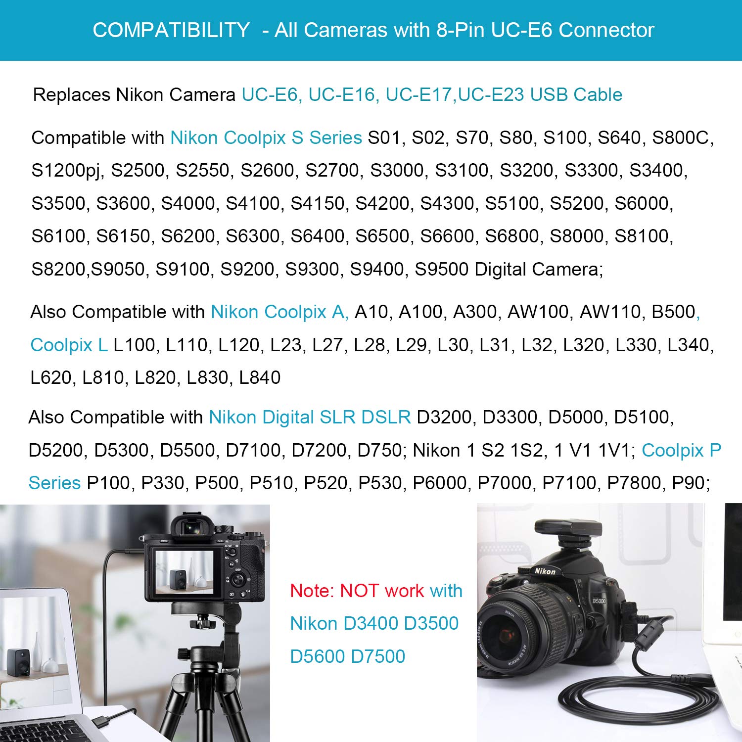 5FT Long USB PC Battery Charger + Data SYNC Cable Cord for Nikon Coolpix S4100 S2800 Camera
