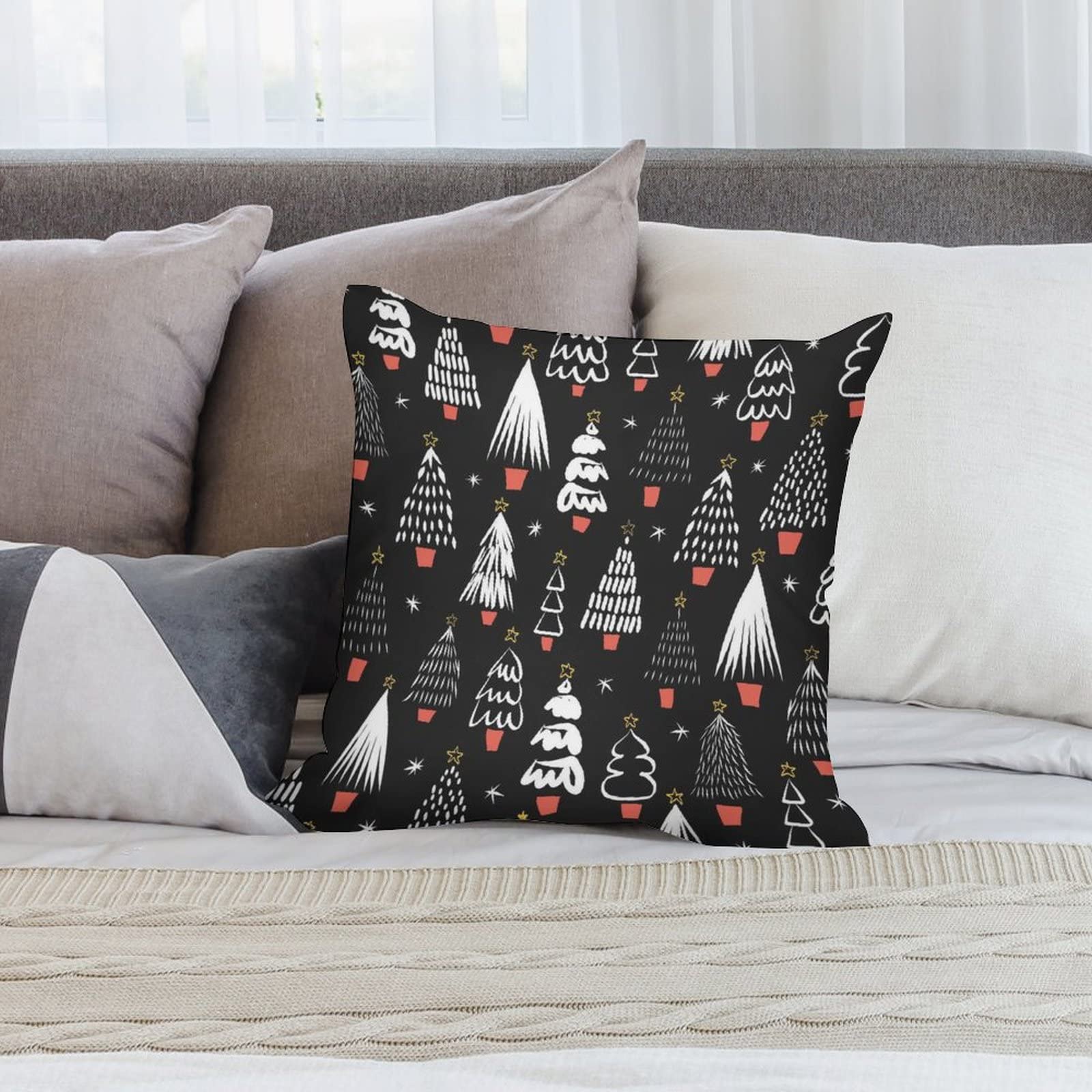 Meaudiwes Throw Pillow Cover Christmas Decorations Trees Black and White Home Decor, 24 x 24 Inches Soft Short Plush Cushion Pillowcases for Sofa Couch Bed Chair