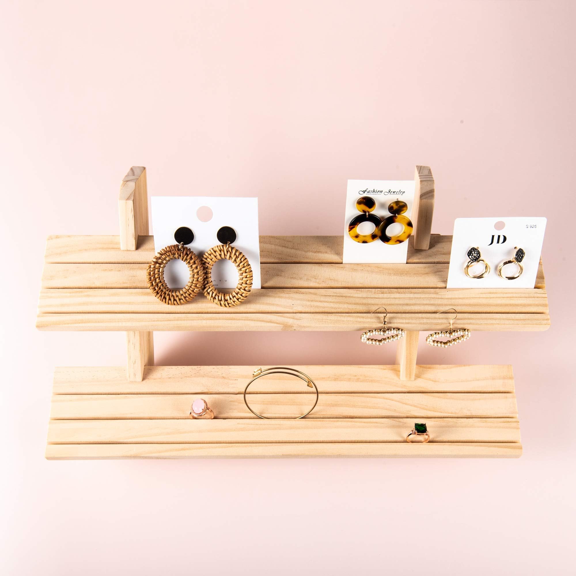 Eiyye 2-Tier Wooden Display Stand, Ring Earring Large Capacity Jewelry Display Stand,Wood Cupcake Stands Display Stand Craft Showing Organizer Tray For Retail Display Vendors Wood Riser(Natural)