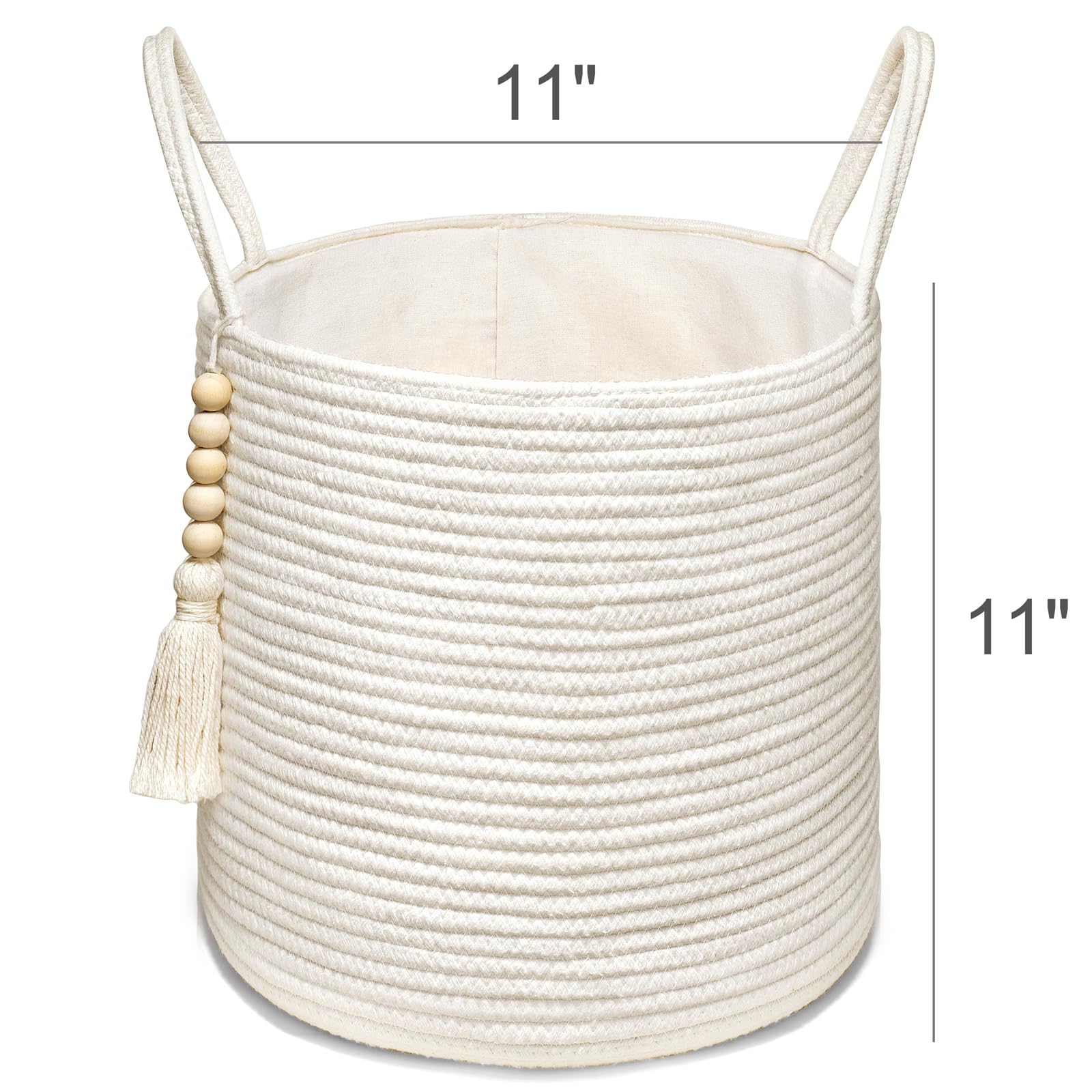 Mkono Woven Storage Basket with Handles Decorative Cotton Rope Basket Wooden Bead Decoration for Blankets,Toys,Clothes,Living Room Home Decor, 11", White