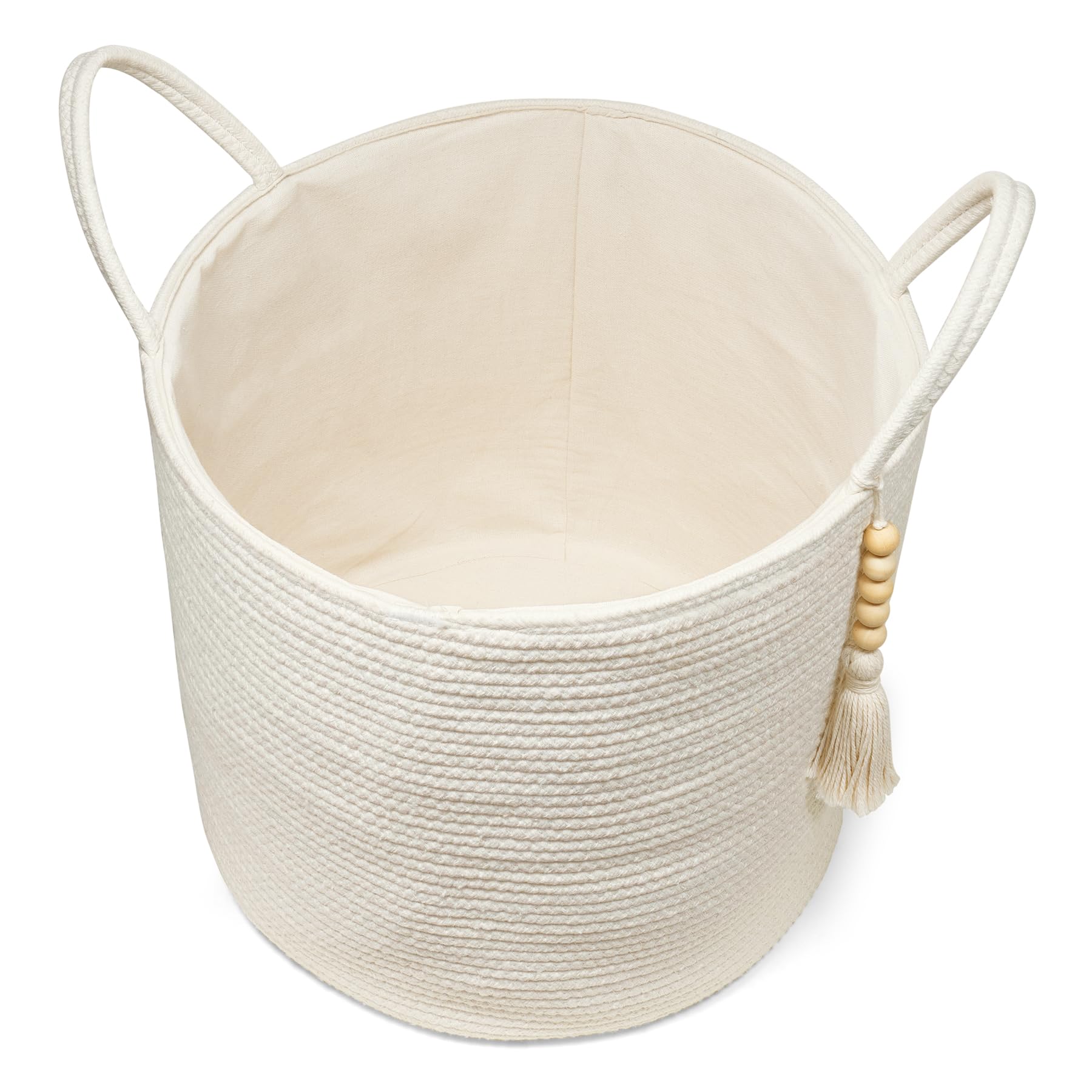 Mkono Woven Storage Basket with Handles Decorative Cotton Rope Basket Wooden Bead Decoration for Blankets,Toys,Clothes,Living Room Home Decor, 11", White
