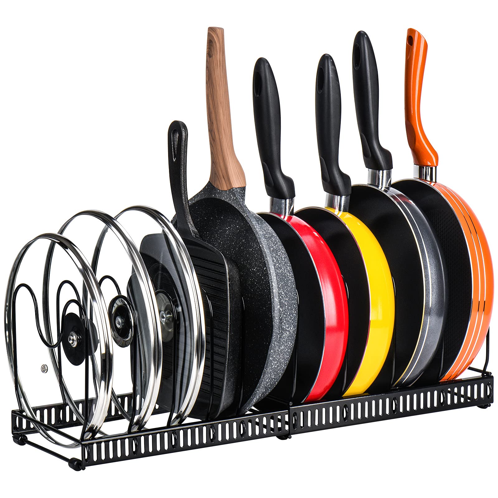 Toplife Adjustable 10+ Pans Organizer Rack + 7+ Lids Organizer Rack for Kitchen Cabinet and Counter, Black
