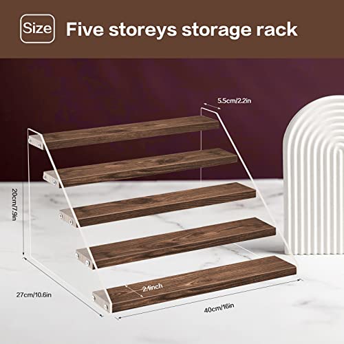 DILIBRA 5 Tier Wood Display Stand for Pop Figures, Clear Acrylic Display Riser Shelf for Vendors Amiibo Funko Cupcakes Perfumes Candies Cosmetics Decoration and Organizer