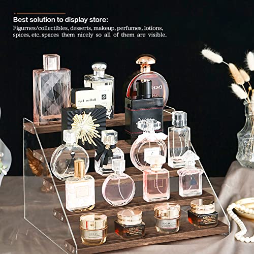 DILIBRA 5 Tier Wood Display Stand for Pop Figures, Clear Acrylic Display Riser Shelf for Vendors Amiibo Funko Cupcakes Perfumes Candies Cosmetics Decoration and Organizer