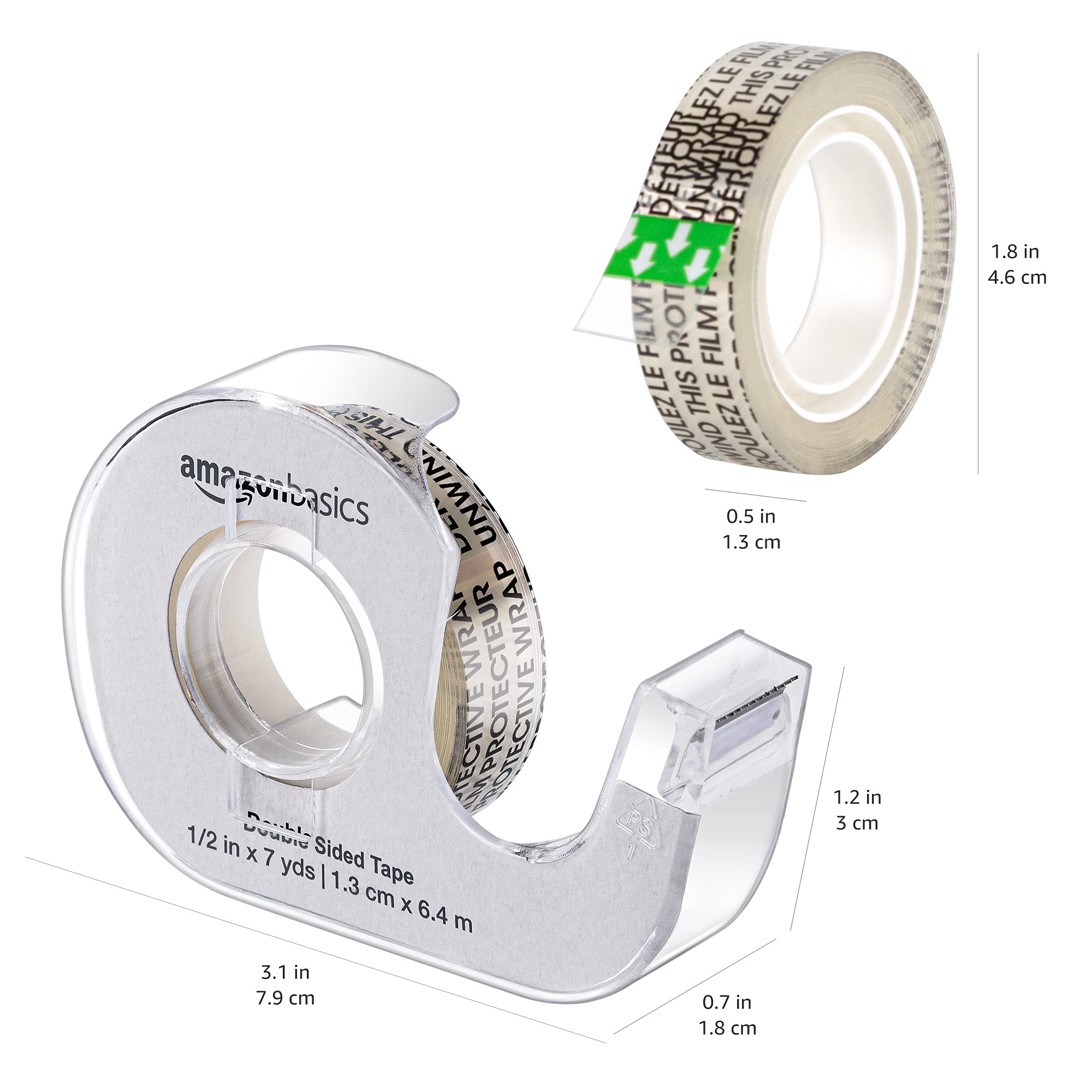 Amazon Basics Double Sided Tape with Dispenser, Narrow Width, 1/2 x 252 inches, 3-Pack