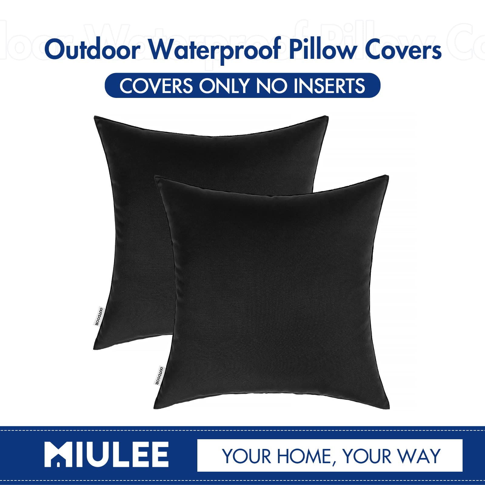 MIULEE Pack of 2 Decorative Outdoor Waterproof Pillow Covers Square Garden Cushion Sham Throw Pillowcase Shell for Spring Patio Tent Couch 18x18 Inch Black