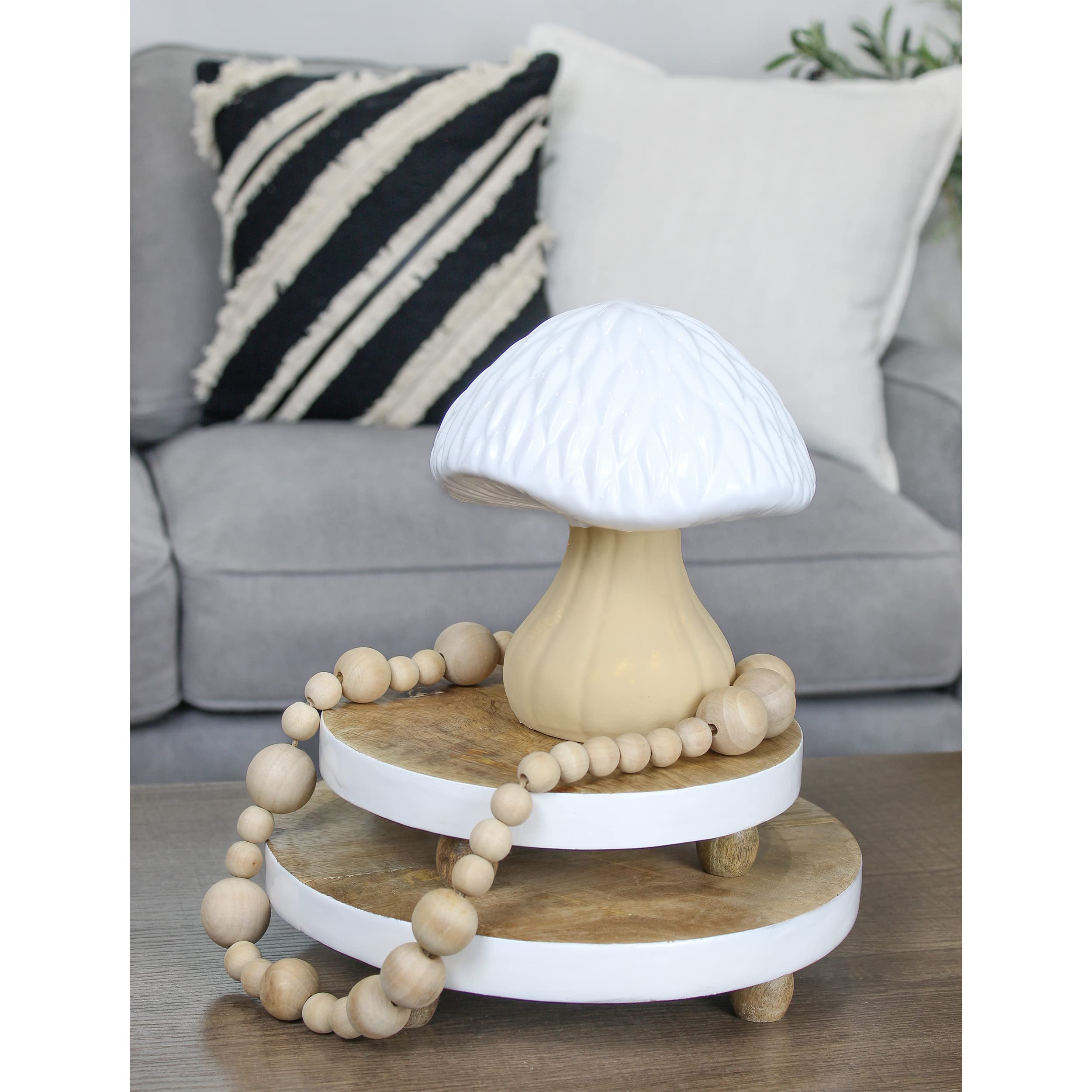 AuldHome Design Farmhouse Round Wooden Risers (Set of 2, White Trim), Rustic Decorative Risers for Display w/ Natural Mango Wood and Enamel Trim