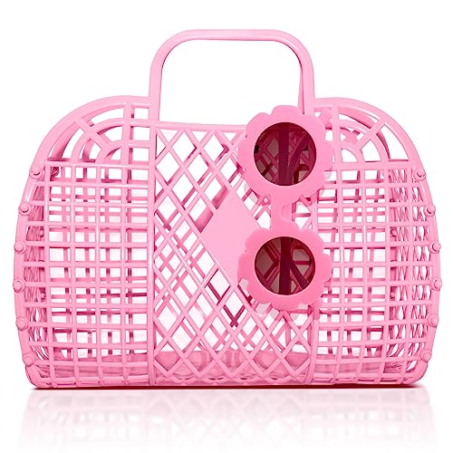 iSpralo Jelly Bag - Girls Jelly Purse Jelly Tote Girls Beach Bag with Flower Sunglasses, Retro Jelly Basket for Easter, Halloween, Bridal (Pink)