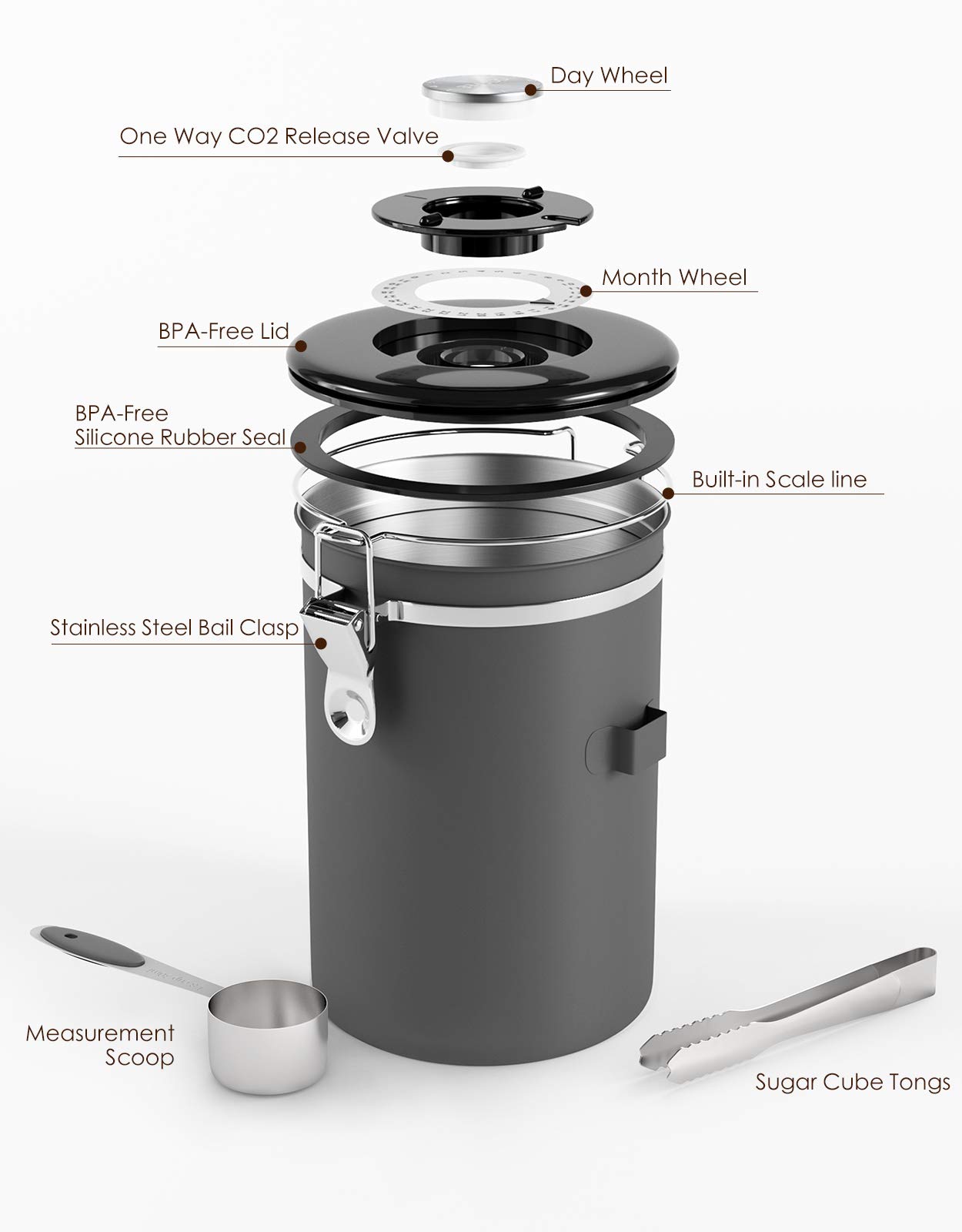 HAIOOU Airtight Coffee Canister, 22OZ Large Stainless Steel Coffee Bean Storage Container with Date Tracker, Measuring Scoop, CO2 Releasing Valves and Mini Tongs for Beans, Grounds and more - Gray