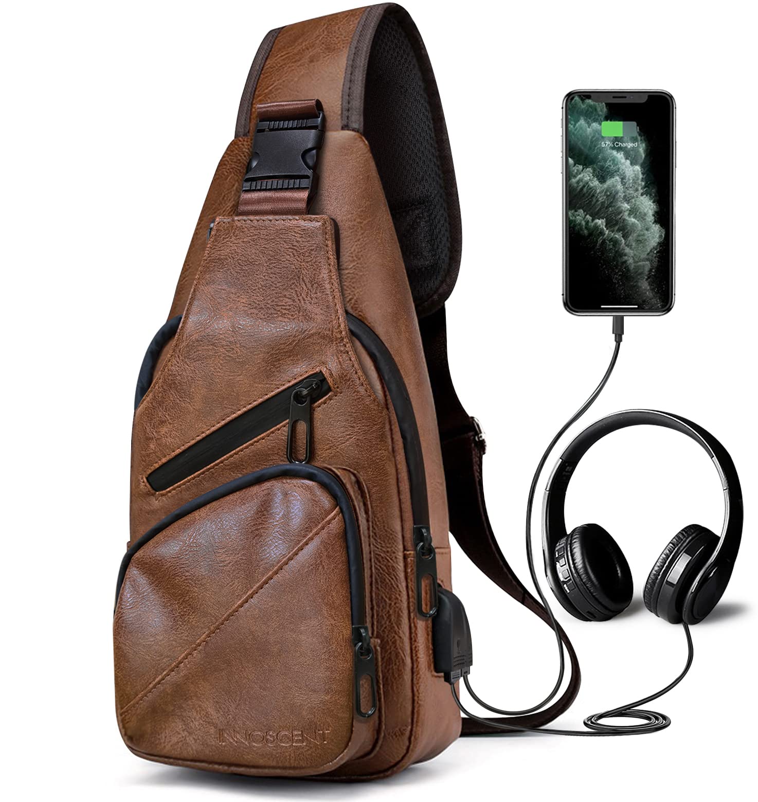 INNOSCENT SMELL PROOF Sling Bag Backpack -COMBINATION LOCK- Lightweight Waterproof Shoulder Crossbody Bag with USB/Headphone Charging Port Brown Leather.