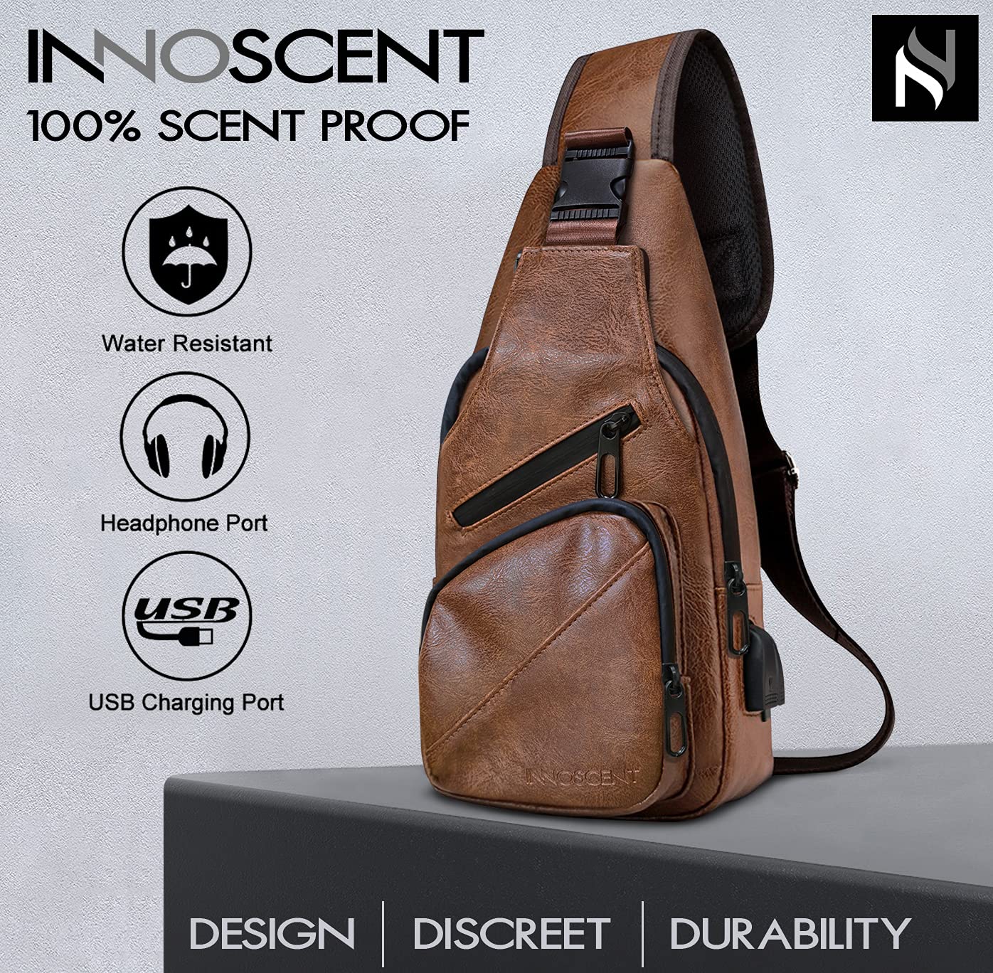INNOSCENT SMELL PROOF Sling Bag Backpack -COMBINATION LOCK- Lightweight Waterproof Shoulder Crossbody Bag with USB/Headphone Charging Port Brown Leather.