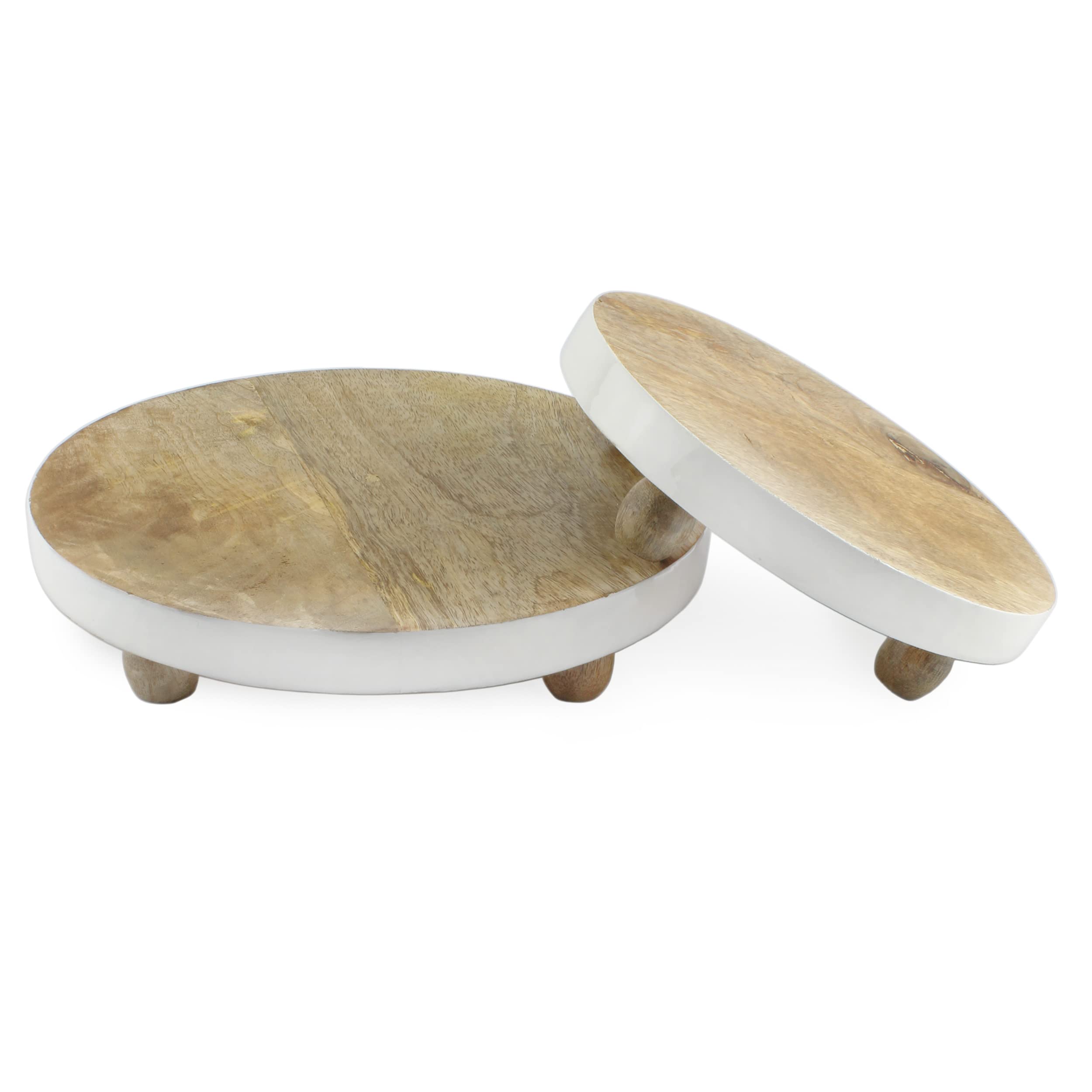 AuldHome Design Farmhouse Round Wooden Risers (Set of 2, White Trim), Rustic Decorative Risers for Display w/ Natural Mango Wood and Enamel Trim