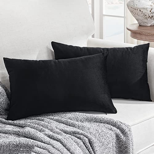 Homelike Moment Throw Pillow Covers 12x20 Set of 2, Black Velvet Decorative Couch Pillow Cover Soft Lumbar Cushion Cases for Sofa Bed Car (12x20 Inch, Black)