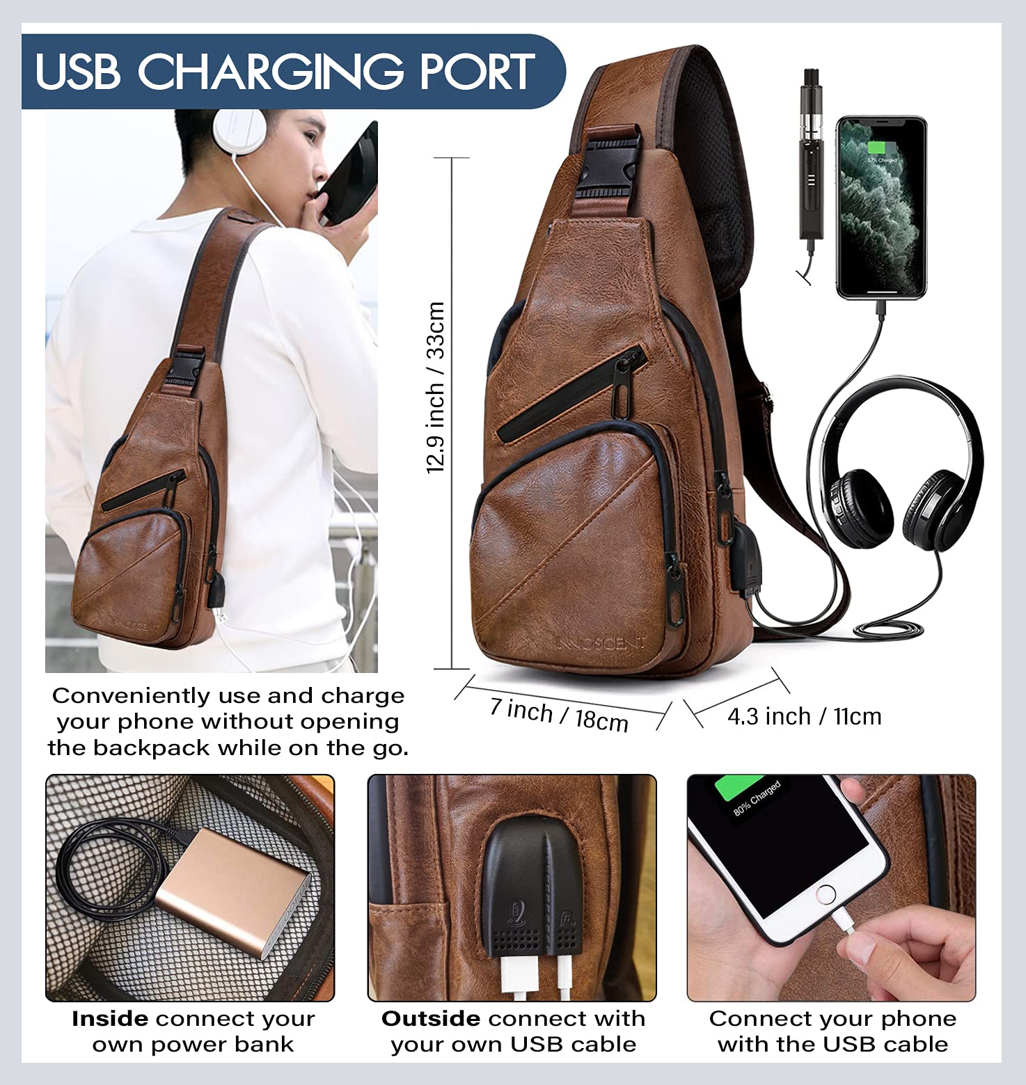 INNOSCENT SMELL PROOF Sling Bag Backpack -COMBINATION LOCK- Lightweight Waterproof Shoulder Crossbody Bag with USB/Headphone Charging Port Brown Leather.