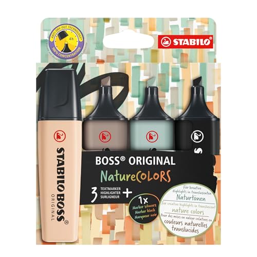 STABILO Highlighter BOSS ORIGINAL NatureCOLORS - Pack of 4 - Beige, Warm Grey, Earth Green, Black