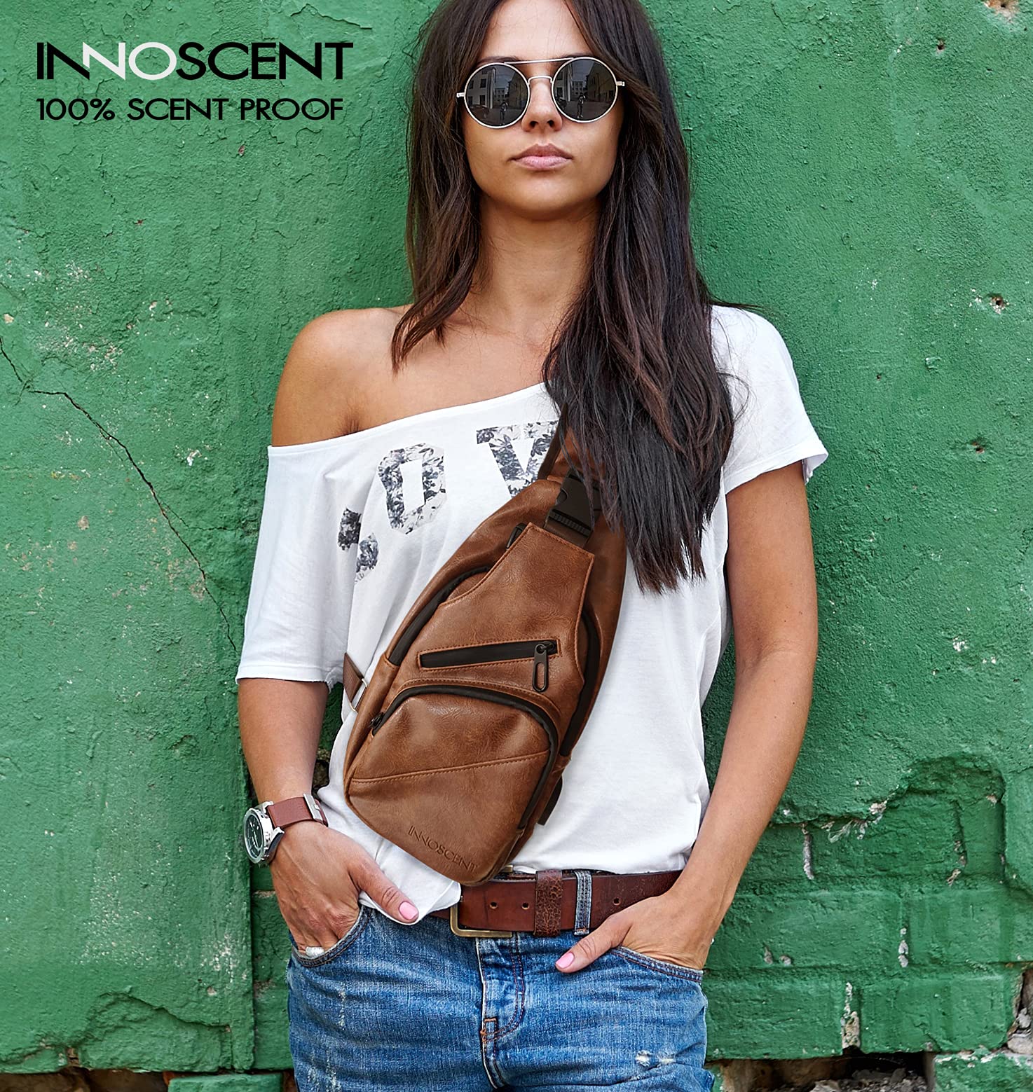 INNOSCENT SMELL PROOF Sling Bag Backpack -COMBINATION LOCK- Lightweight Waterproof Shoulder Crossbody Bag with USB/Headphone Charging Port Brown Leather.