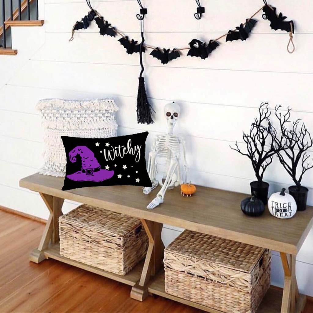 MEHOTOP Halloween Pillow Covers 12x20 Black Background Purple Magic Witchy Hat Throw Pillow Cover Stars Holiday Pillowcase Lumbar Pillow Case Seasonal Decorative Cushion Cases Home Sofa Couch Decor