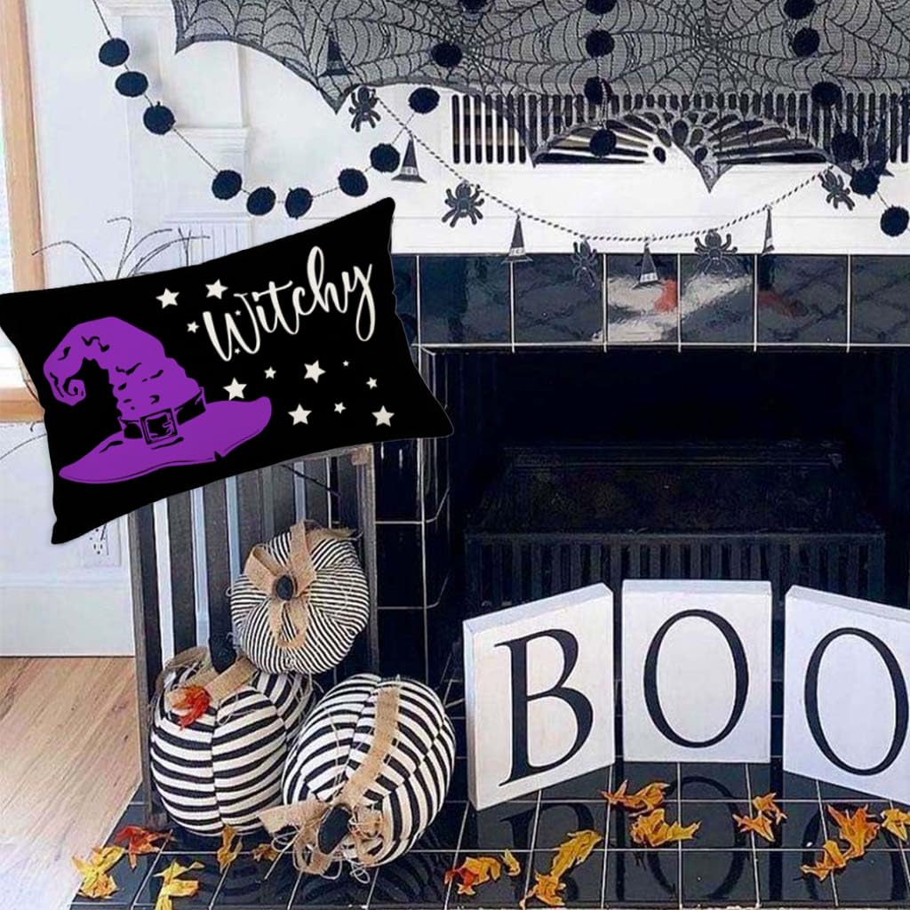 MEHOTOP Halloween Pillow Covers 12x20 Black Background Purple Magic Witchy Hat Throw Pillow Cover Stars Holiday Pillowcase Lumbar Pillow Case Seasonal Decorative Cushion Cases Home Sofa Couch Decor