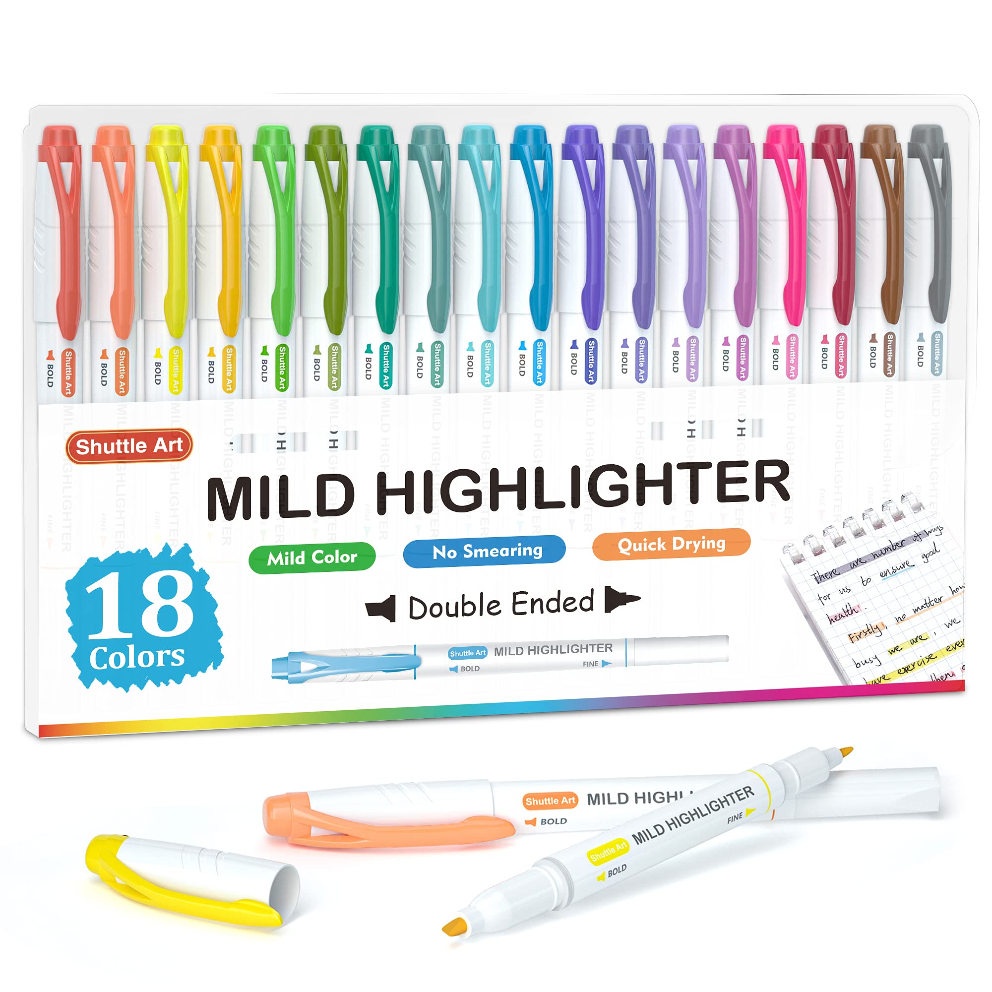 Highlighters, 18 Colors Pastel Highlighter Pens Assorted Colors, Dual Tip Mild Color Highlighter Markers, Perfect for Teens, Kids and Adults Coloring, Underlining, Highlighting by Shuttle Art