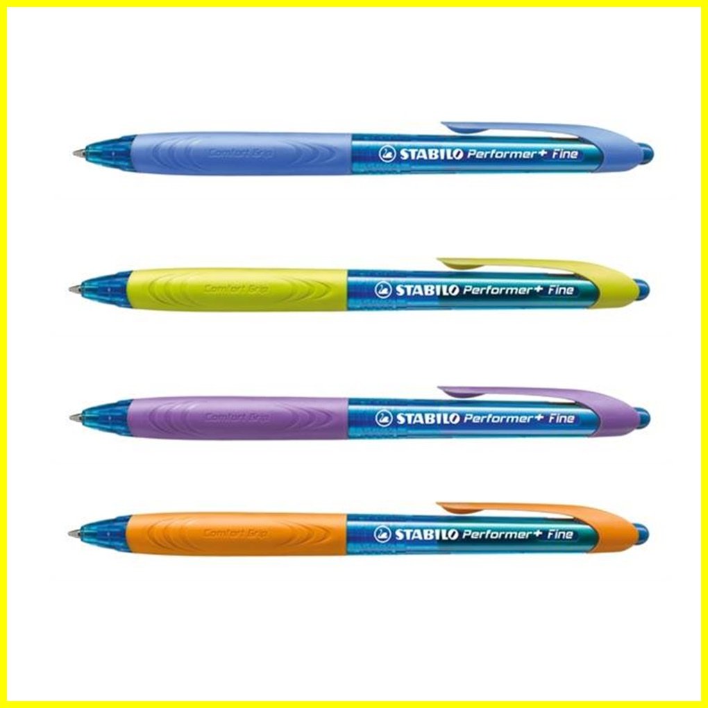 STABILO 4 x Performer Plus Ballpoint Pen BLUE Ink FINE 0.7mm - ALL COLOR BLUE-PURPLE-YELLOW-GREEN - For Fast and Smooth writting