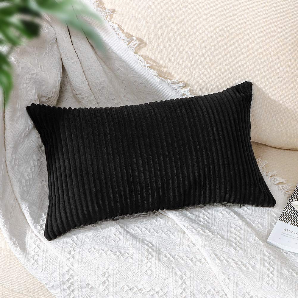 Artscope Cozy Striped Corduroy Pillow Covers Super Soft Decorative Oblong Throw Pillow Covers Case Cushion Covers for Sofa Couch Bedroom Car Decor 12 x 20 Inches, Black