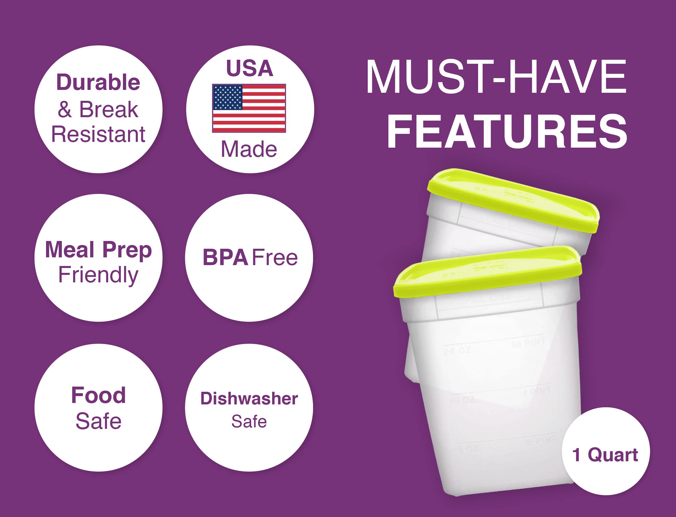 Arrow Home Products 1 Quart Freezer Food Storage Containers with Lids, 6 Pack - USA Made Reusable Freezer Containers for Food Storage - Prep, Store, Freeze - BPA Free, Dishwasher Safe, Durable