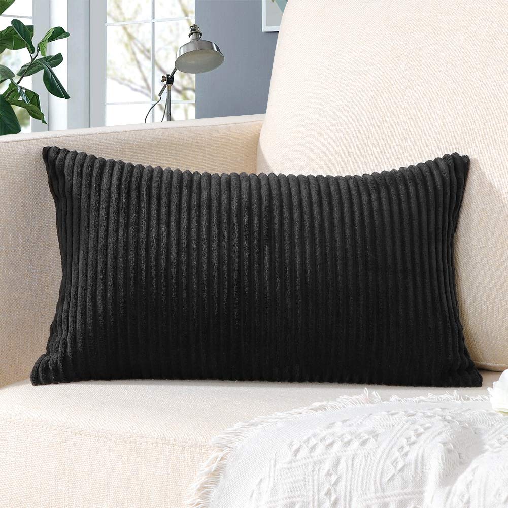 Artscope Cozy Striped Corduroy Pillow Covers Super Soft Decorative Oblong Throw Pillow Covers Case Cushion Covers for Sofa Couch Bedroom Car Decor 12 x 20 Inches, Black