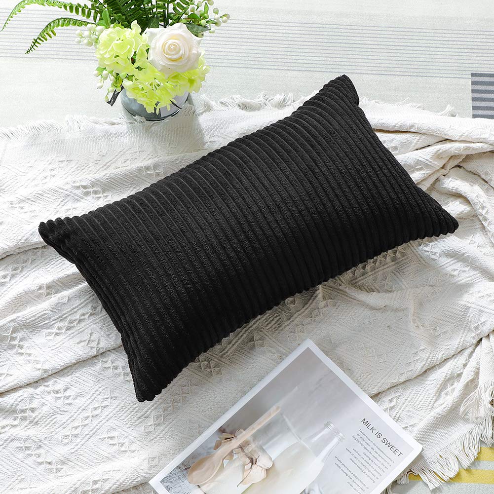 Artscope Cozy Striped Corduroy Pillow Covers Super Soft Decorative Oblong Throw Pillow Covers Case Cushion Covers for Sofa Couch Bedroom Car Decor 12 x 20 Inches, Black
