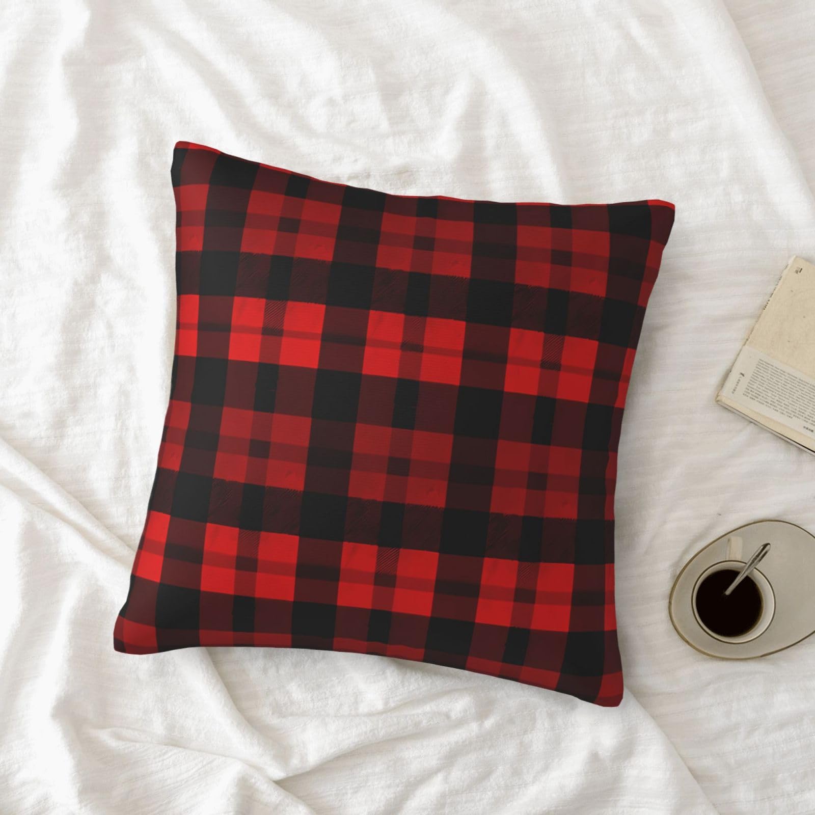 RLDOBOFE Decorative Throw Pillow Covers 24"x24" Double Sided Pillow Covers for Sofa Plaid Red and Black Couch Throw Pillow Cases Soft Plush Cushion Case Square Cushion Cover for Living Room
