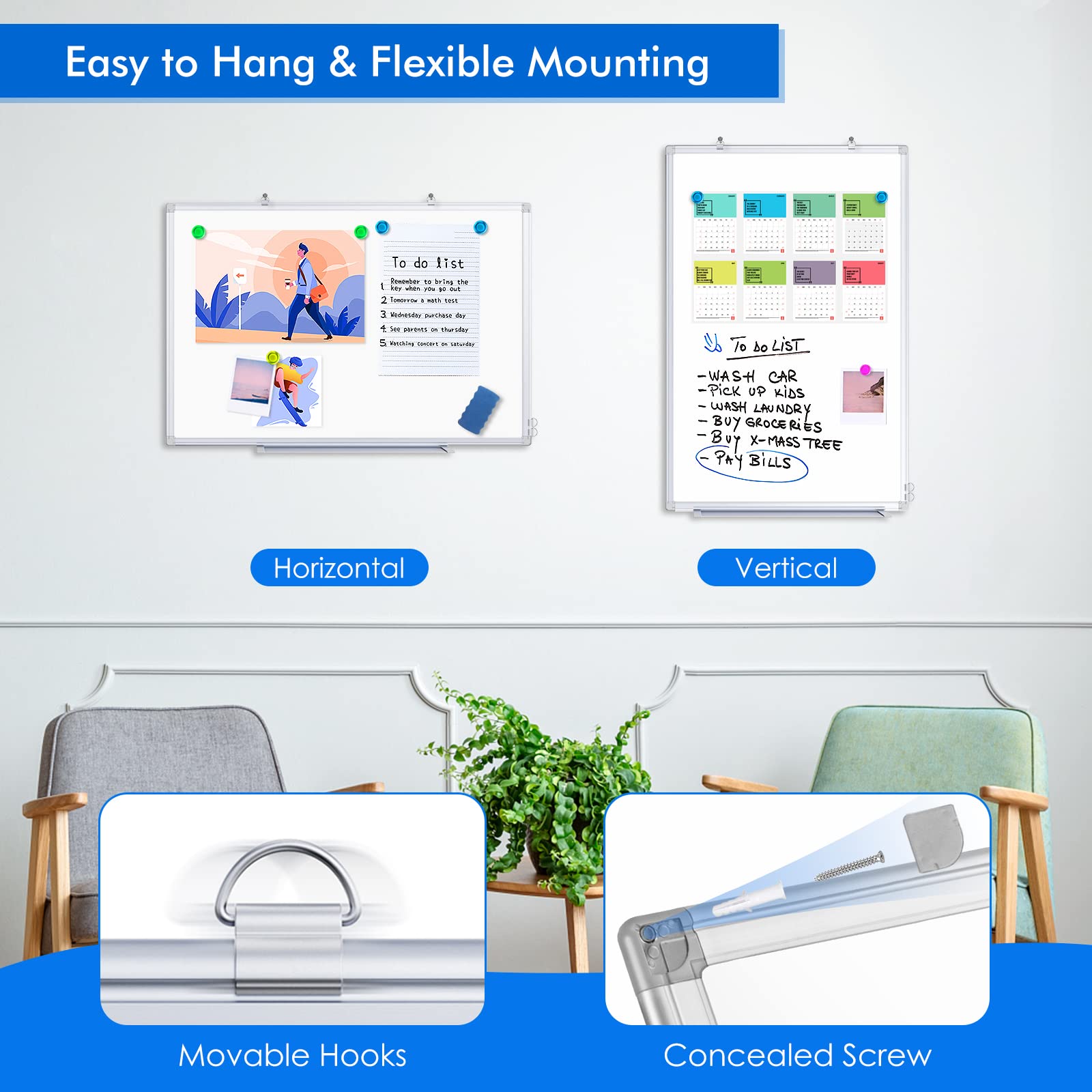 Magnetic White Board for Wall 24 X 18 Inches, White Board Dry Erase Board Hanging Whiteboard with Aluminum Frame for Office Home