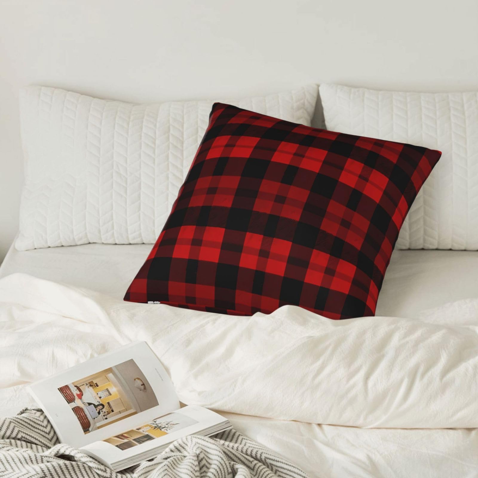 RLDOBOFE Decorative Throw Pillow Covers 24"x24" Double Sided Pillow Covers for Sofa Plaid Red and Black Couch Throw Pillow Cases Soft Plush Cushion Case Square Cushion Cover for Living Room