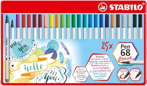 STABILO Premium Fibre-Tip Pen Pen 68 brush - Tin of 25-19 assorted colours