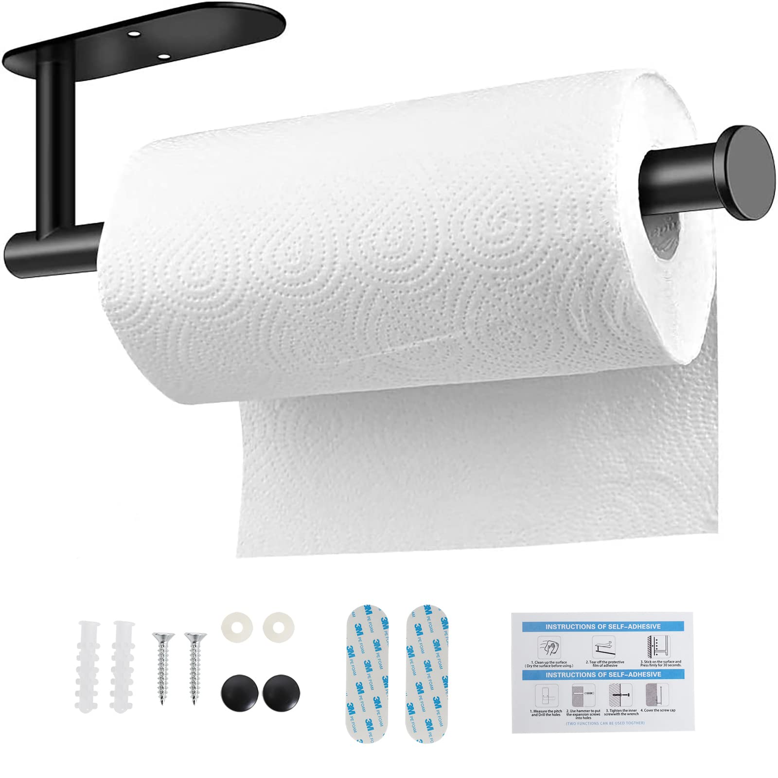 Paper Towel Holder Under Cabinet 13 Inches Stainless Steel Self Adhesive Paper Towel Holder Wall Mount for Kitchen, Pantry, Bathroom, Living Room (Black)