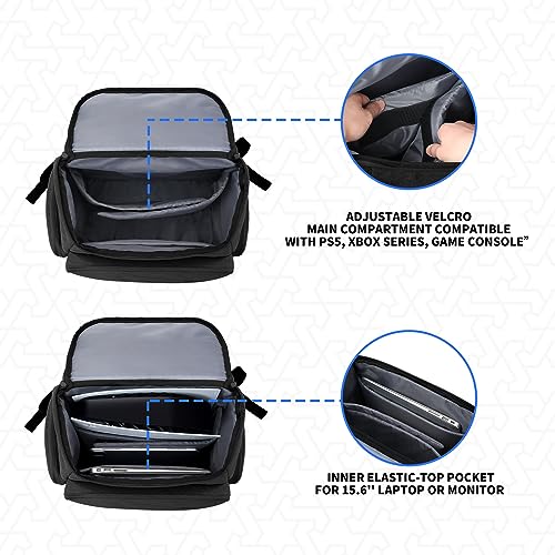 Travel Backpack Compatible with PS5/PS5 Pro/PS5 Slim,Travel Bag fits for PS4/PS4 Pro/PS4 Slim/Xbox One/Xbox One X/Xbox One S,15.6" Laptop and Gaming Accessories, Portable Console Carrying Case, Black