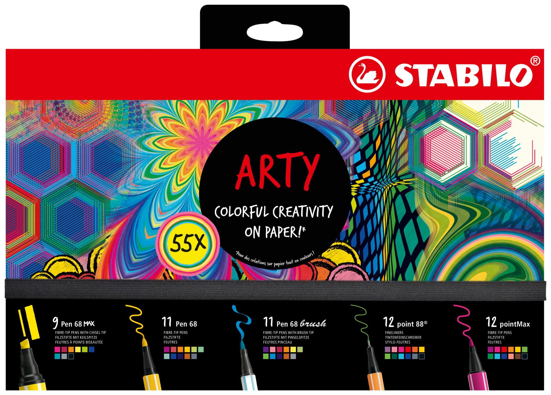 STABILO Creative Set - Pen 68 Max, Pen 68, Pen 68 brush, point 88, pointMax, ARTY, 55-Pieces - drawing, illustration, writing