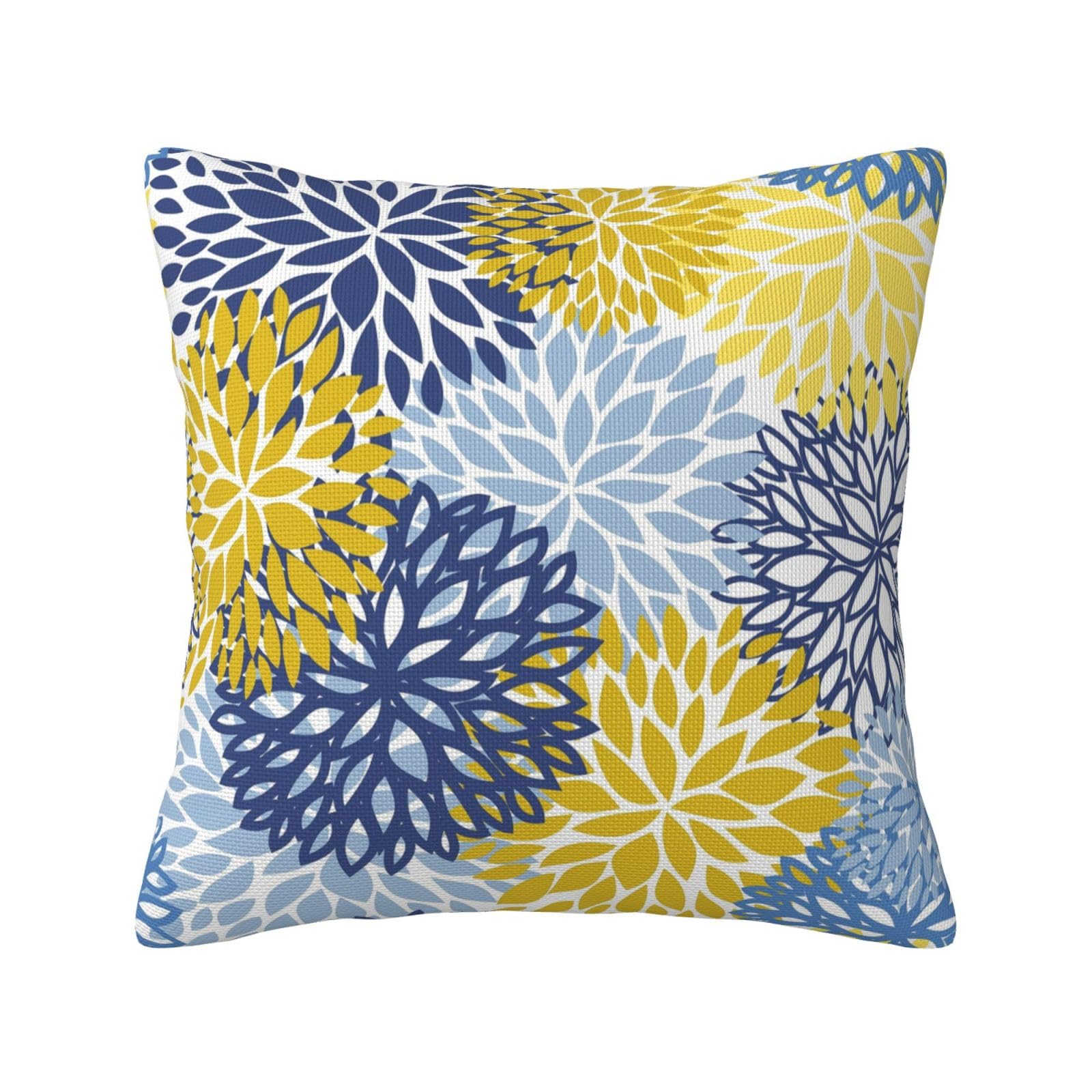 ChangQingArt Throw Pillow Cover Farmhouse Decorative Cotton Linen Pillow Cover Green Spring Flower Blue Yellow and Navy Chrysanthemum Brown Square Cushion Covers Sofa Bed DƩcor 16x16 inch