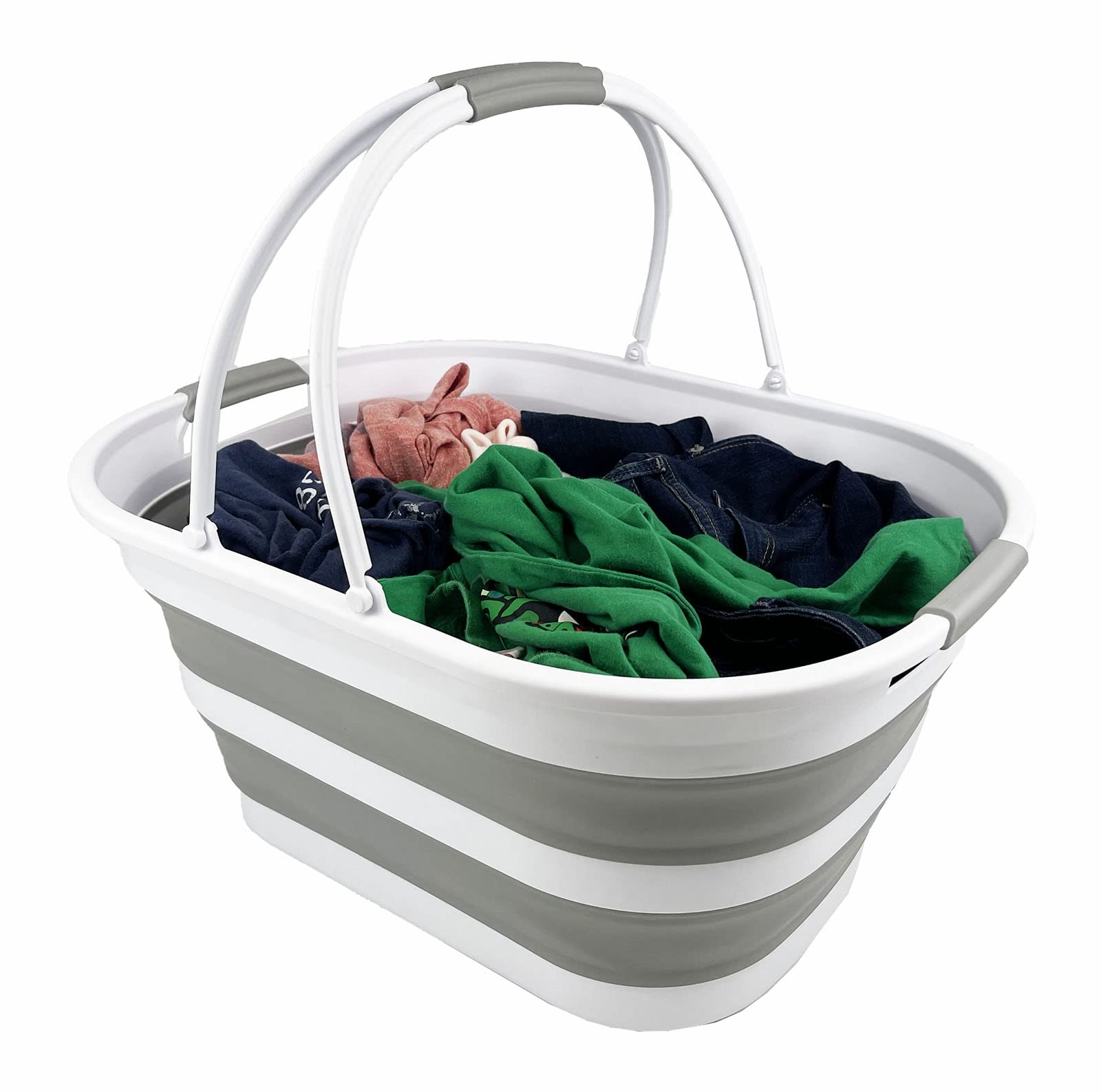 SAMMART 38L (10 Gallons) Collapsible Plastic Laundry Basket - Foldable Storage Container/Organizer - Portable Washing Tub - Space Saving Laundry Hamper (White/Grey)