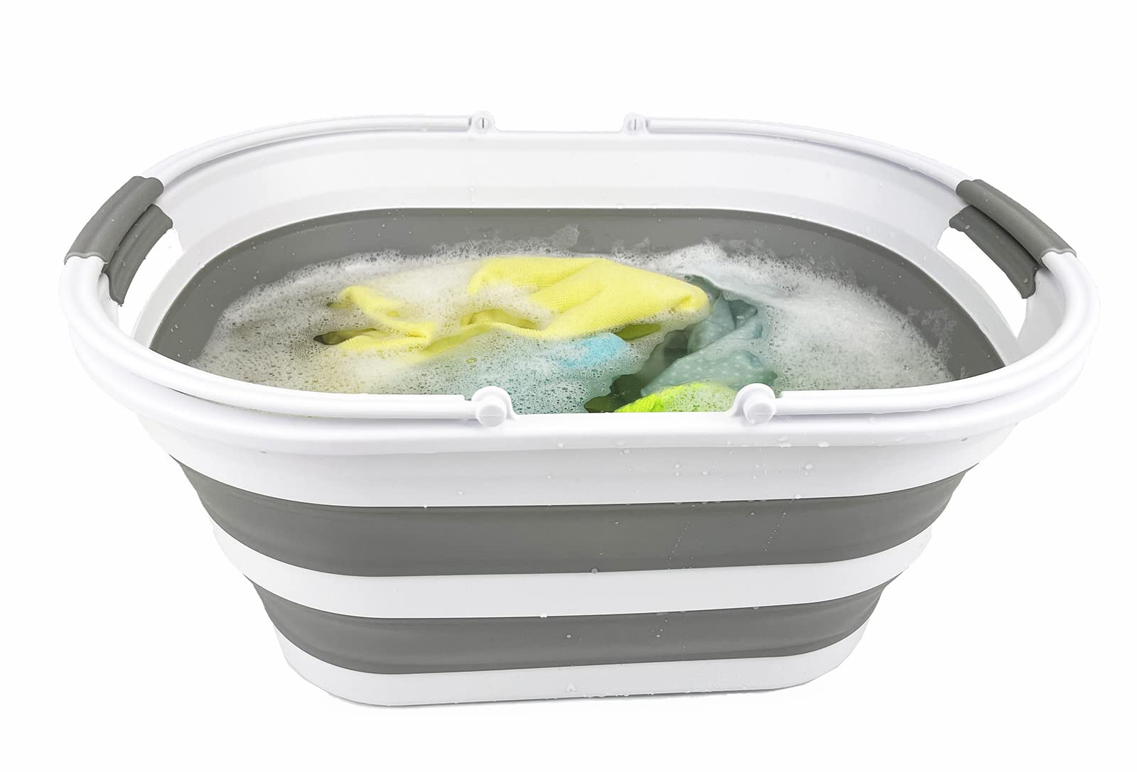 SAMMART 38L (10 Gallons) Collapsible Plastic Laundry Basket - Foldable Storage Container/Organizer - Portable Washing Tub - Space Saving Laundry Hamper (White/Grey)