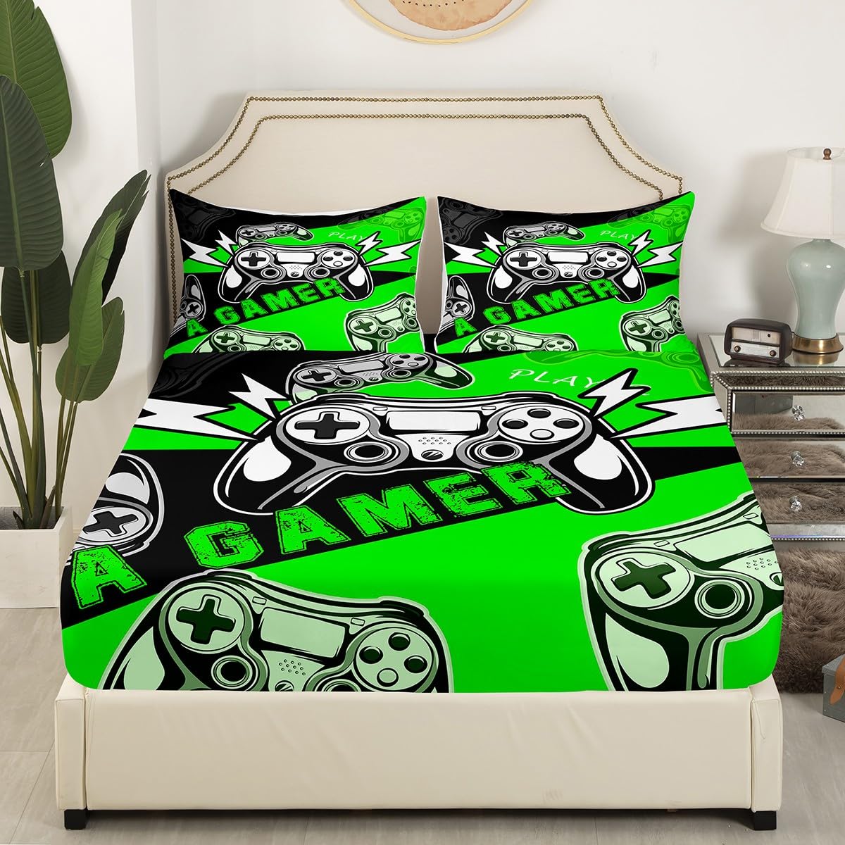 Erosebridal Gamer Bedding Sets for Boys Girls Kids,Gamepad Gaming Sheets Full Size Modern Game Room Decor,Games Console Fitted Sheet Black Green Bedroom Decor with 2 Pillowcases