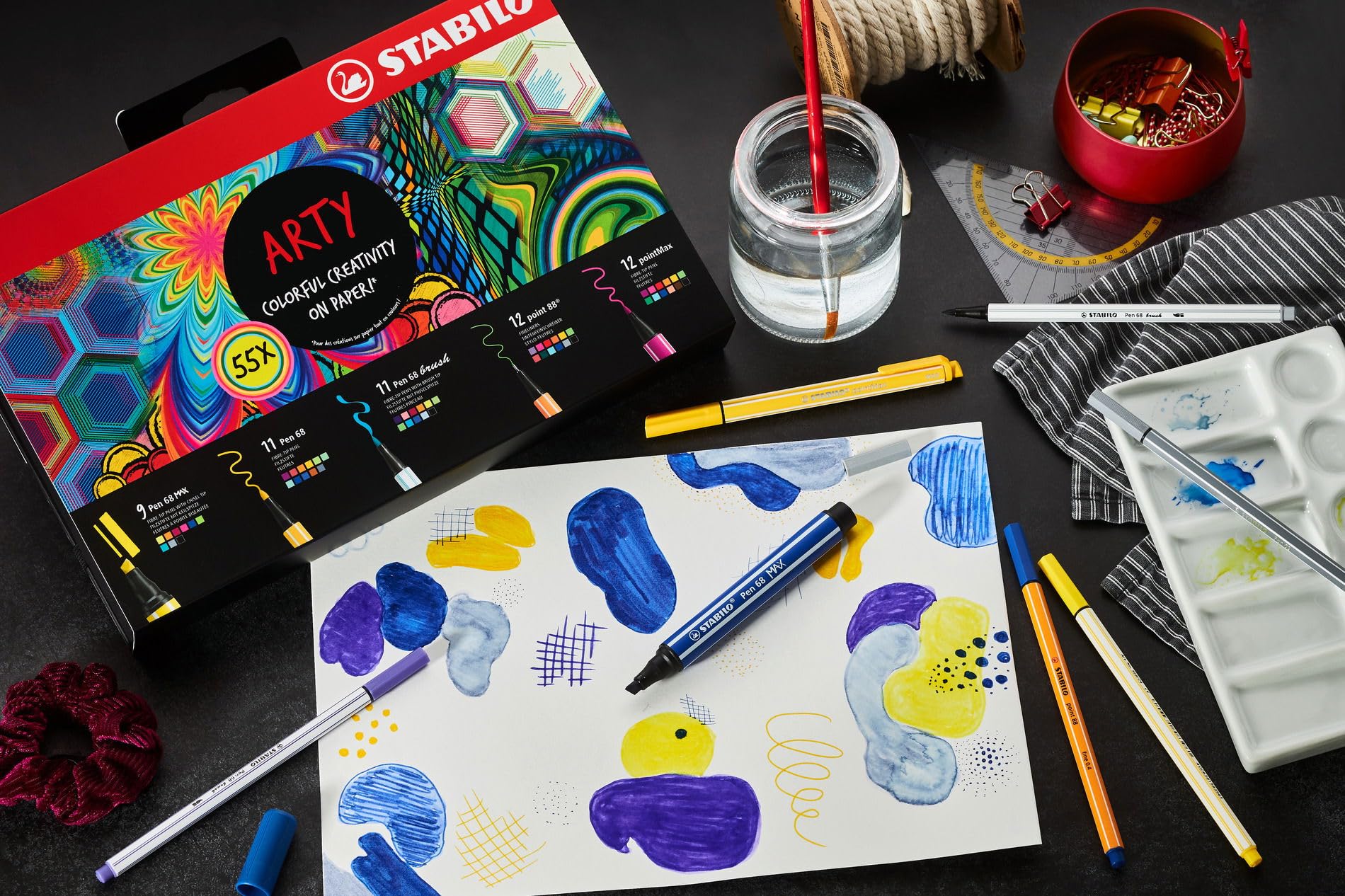 STABILO Creative Set - Pen 68 Max, Pen 68, Pen 68 brush, point 88, pointMax, ARTY, 55-Pieces - drawing, illustration, writing