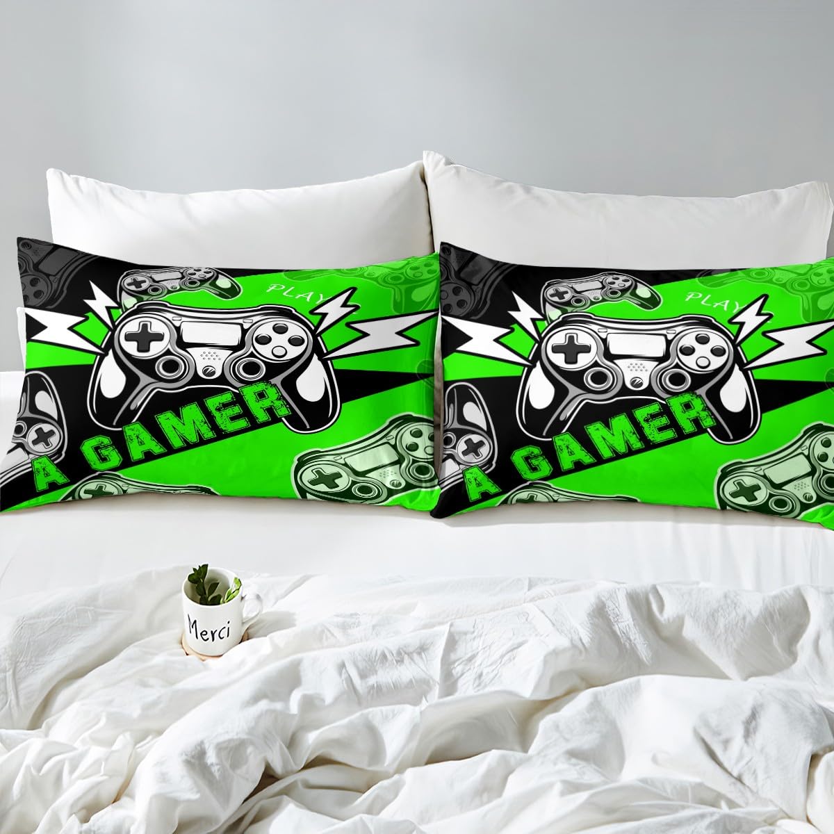 Erosebridal Gamer Bedding Sets for Boys Girls Kids,Gamepad Gaming Sheets Full Size Modern Game Room Decor,Games Console Fitted Sheet Black Green Bedroom Decor with 2 Pillowcases